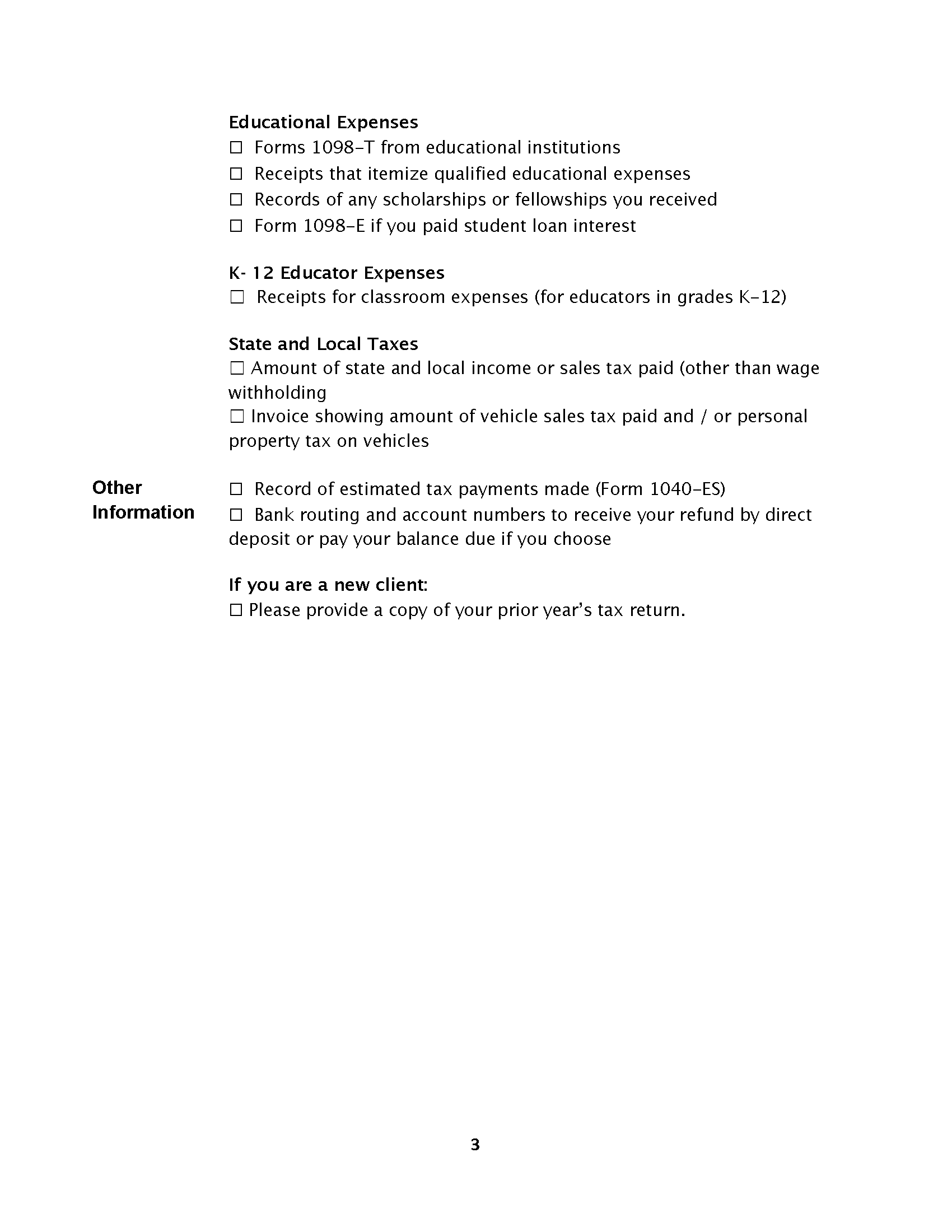 Tax Checklist | The Tax Pros